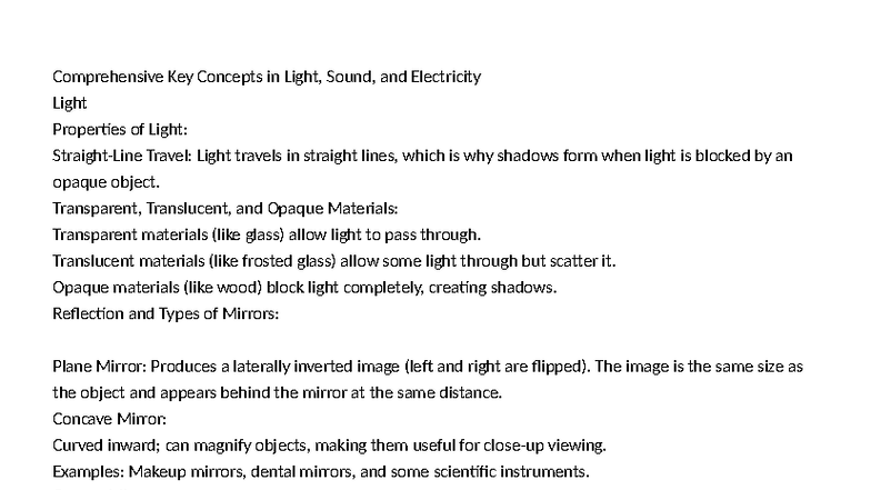 817116815 Key Concepts: Light, Sound & Electricity Overview - Studocu