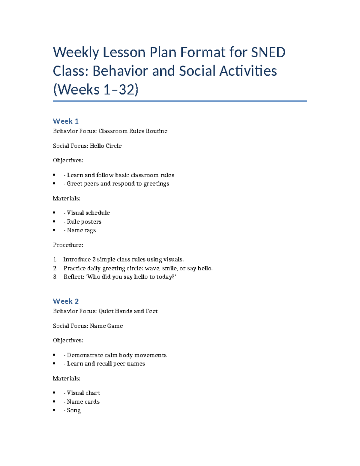 SNED Weekly Lesson Plan: Behavior & Social Activities Overview - Studocu