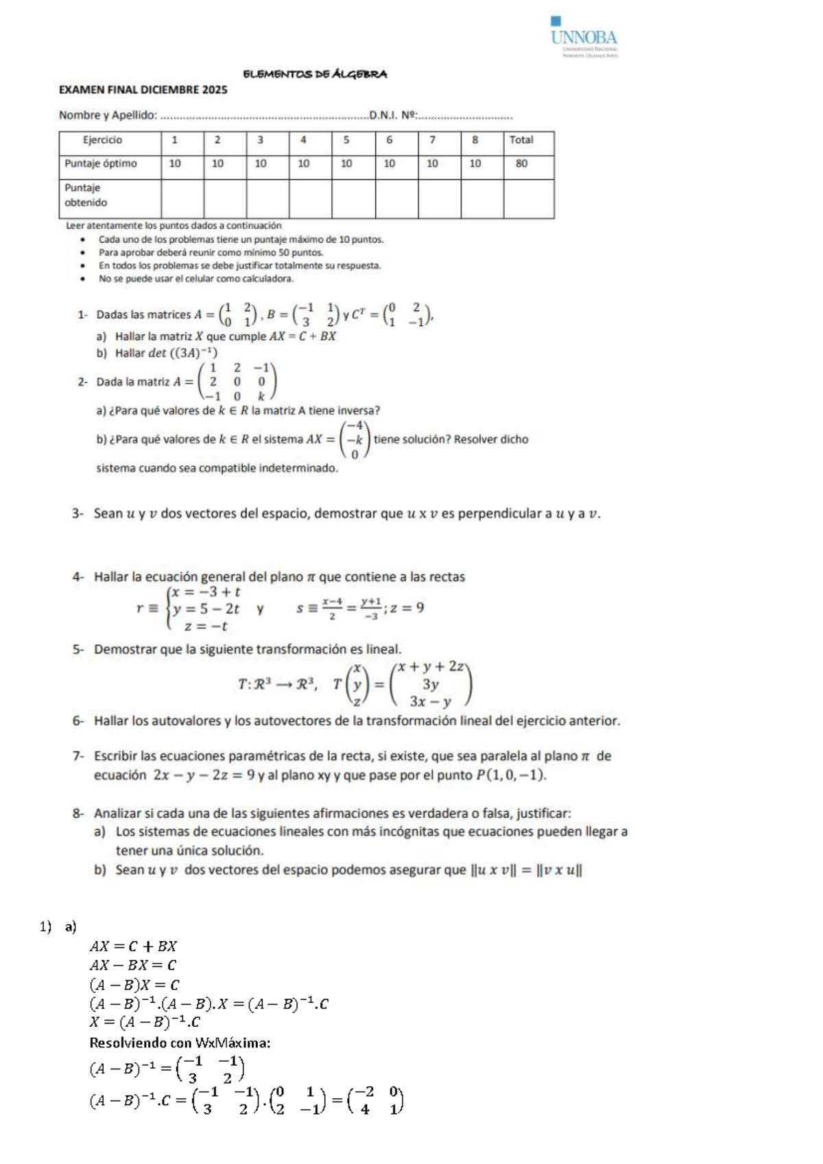 Resolución de Problemas de Matrices y Determinantes - FINALES EAL 2025 ...