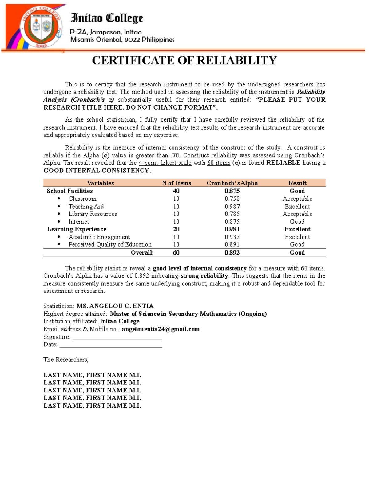 Certificate of Reliability Analysis for Research Instrument Evaluation ...