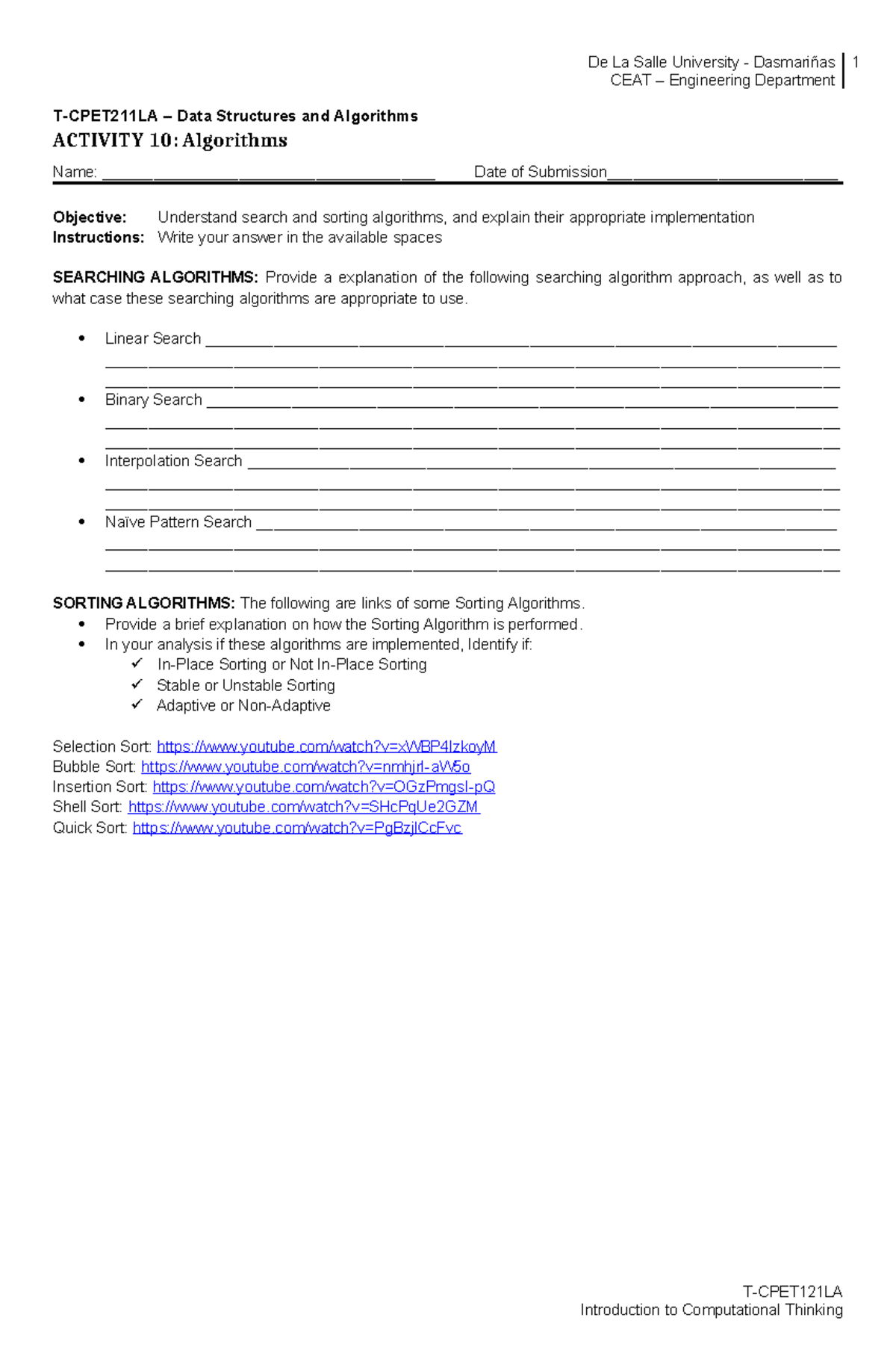 DSA10 Activity C Algorithmss - De La Salle University - Dasmariñas CEAT ...