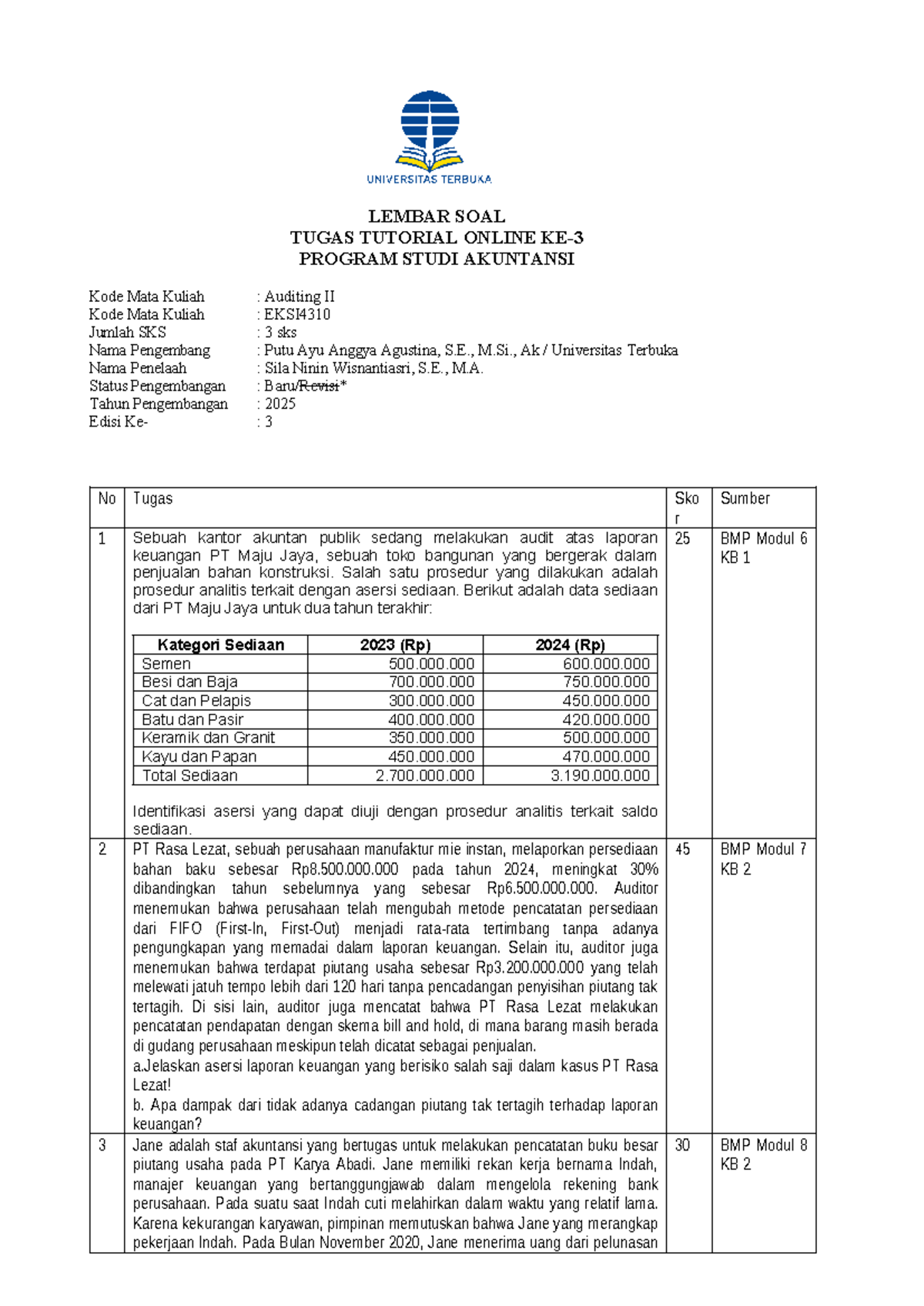 Tugas 3 - Auditing II: Analisis Prosedur Audit dan Risiko Laporan Keuangan - Studocu