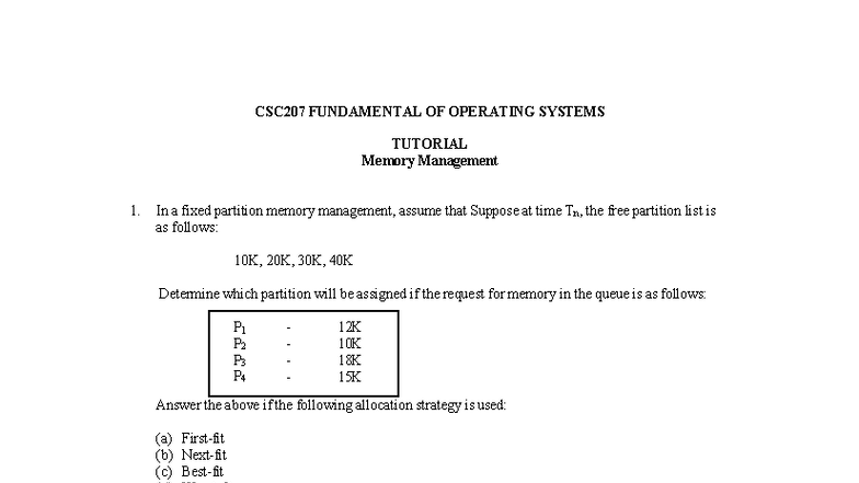 CSC207 TUTORIAL: Memory Management Strategies & Fragmentation Analysis ...