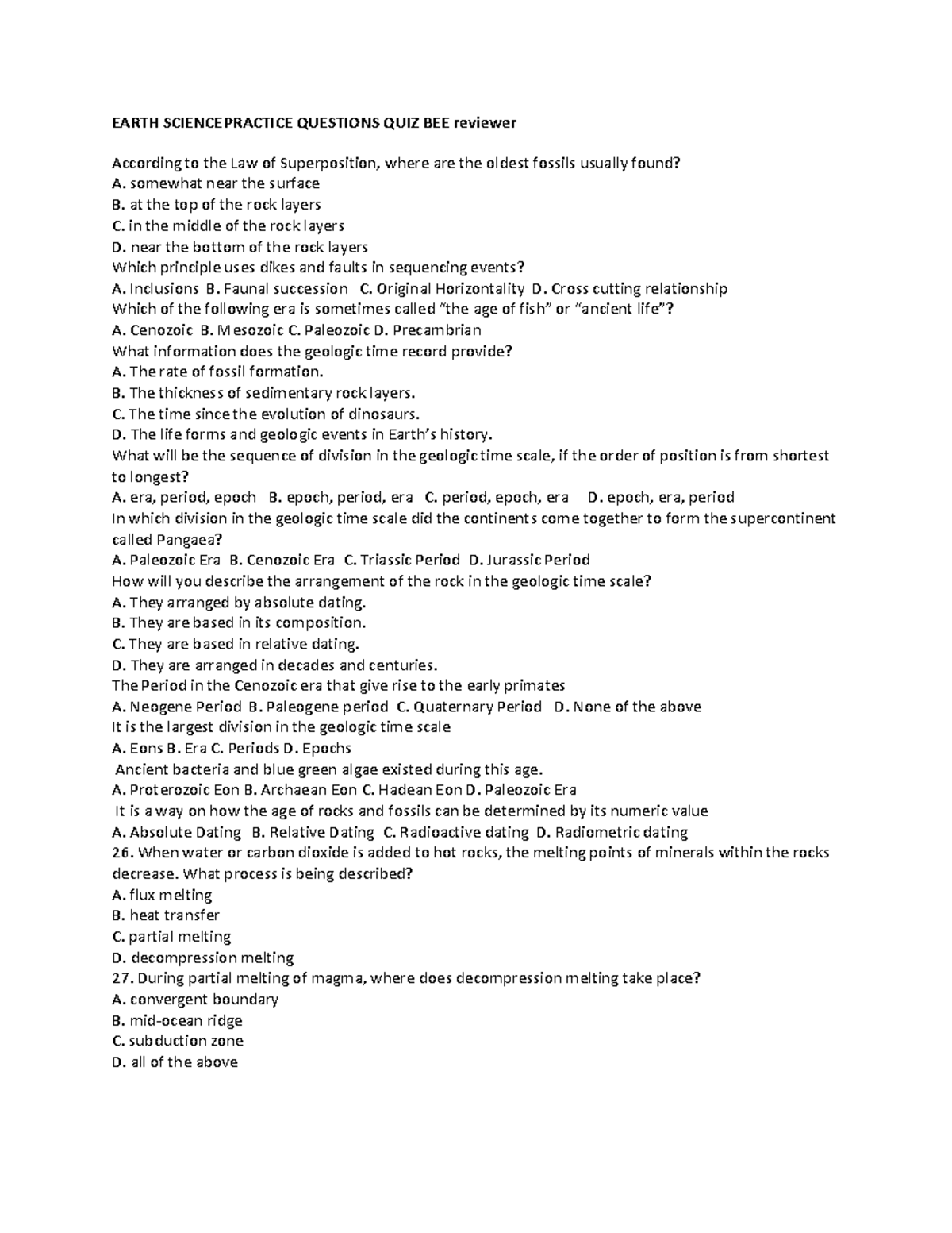 Earth Science Practice Questions Quiz Bee Reviewer - Studocu