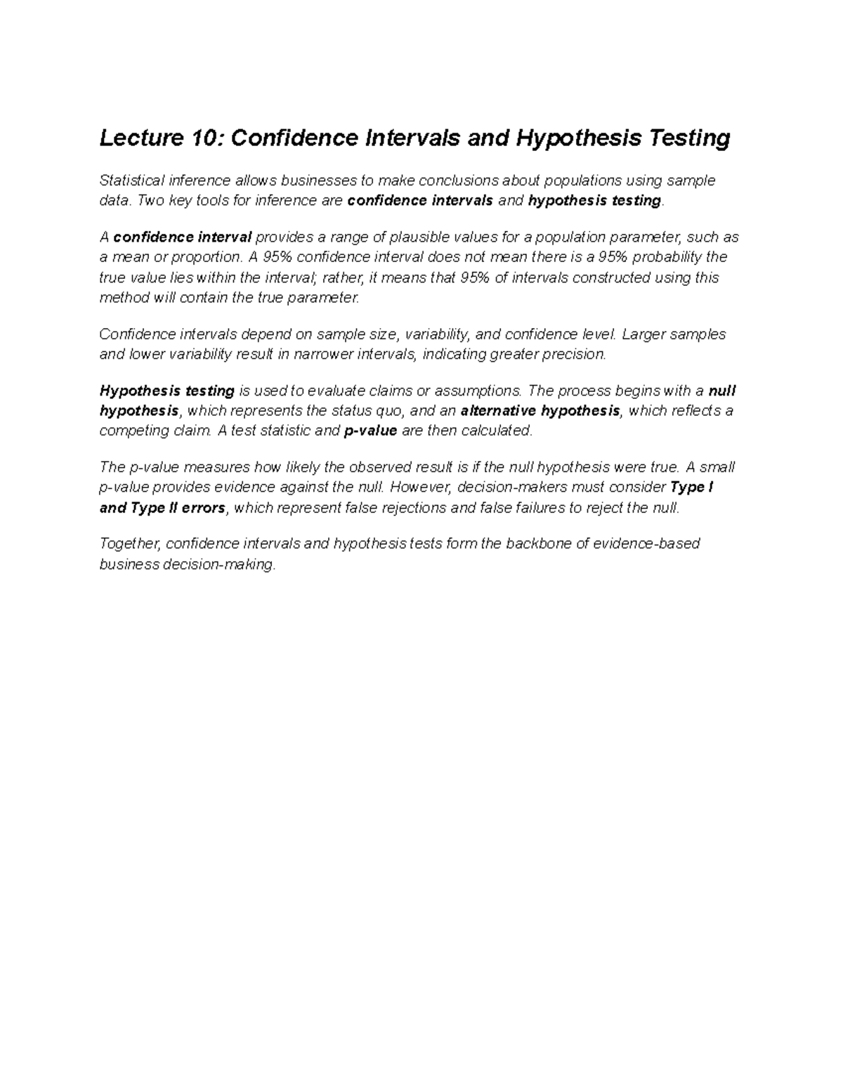 Lecture 10: Confidence Intervals and Hypothesis Testing - Studocu