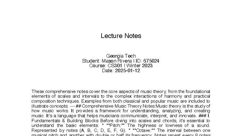 CS301 Winter 2023: Comprehensive Music Theory Lecture Notes - Studocu