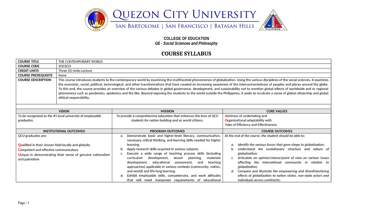 Contemporary World Syllabus (SOCSCI3) - Course Overview and Outcomes ...
