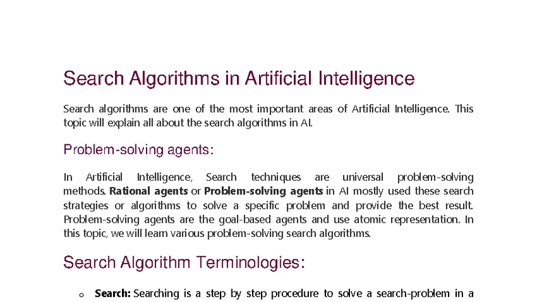 AI Search Algorithms: Concepts, Types, and Properties (CS101) - Studocu