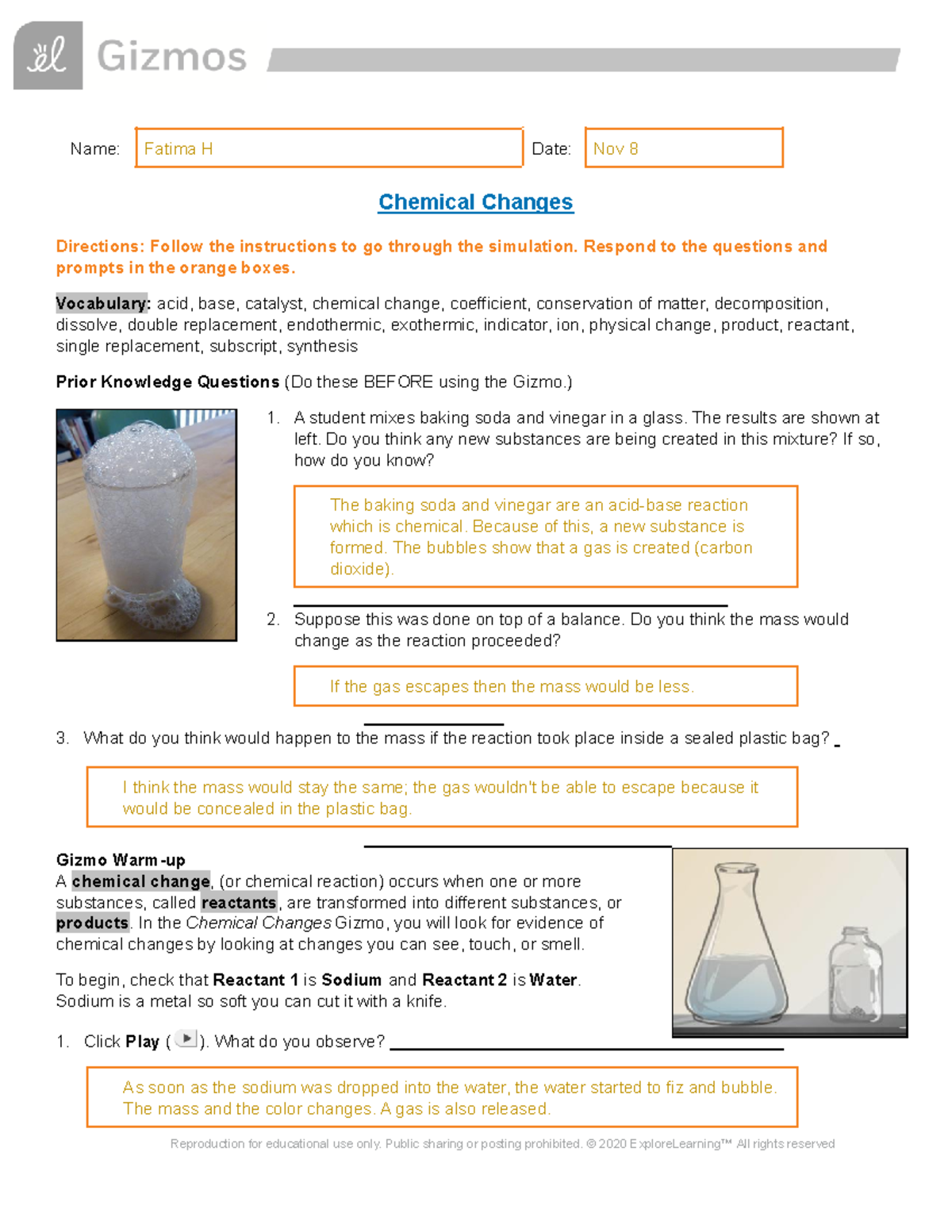 Copy of Chemical Changes Lab Document - Name: Fatima H Date: Nov 8 ...