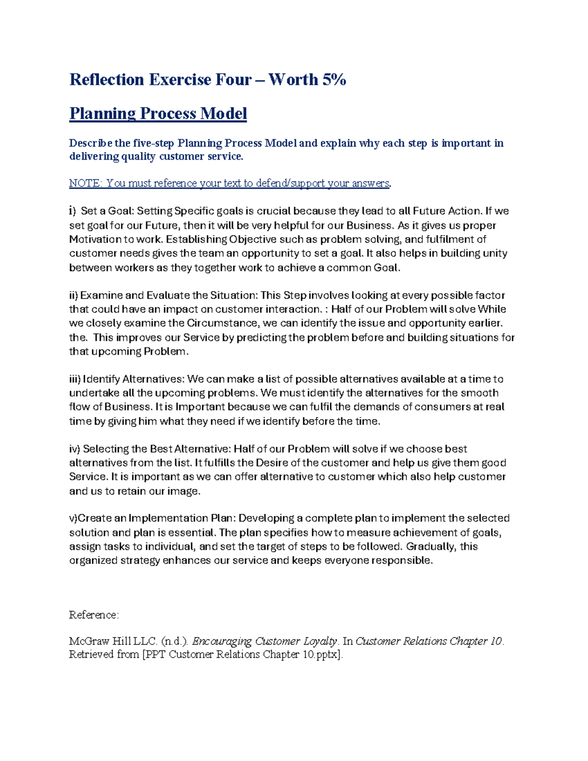 Reflection Exercise 4: Planning Process Model & Customer Service ...