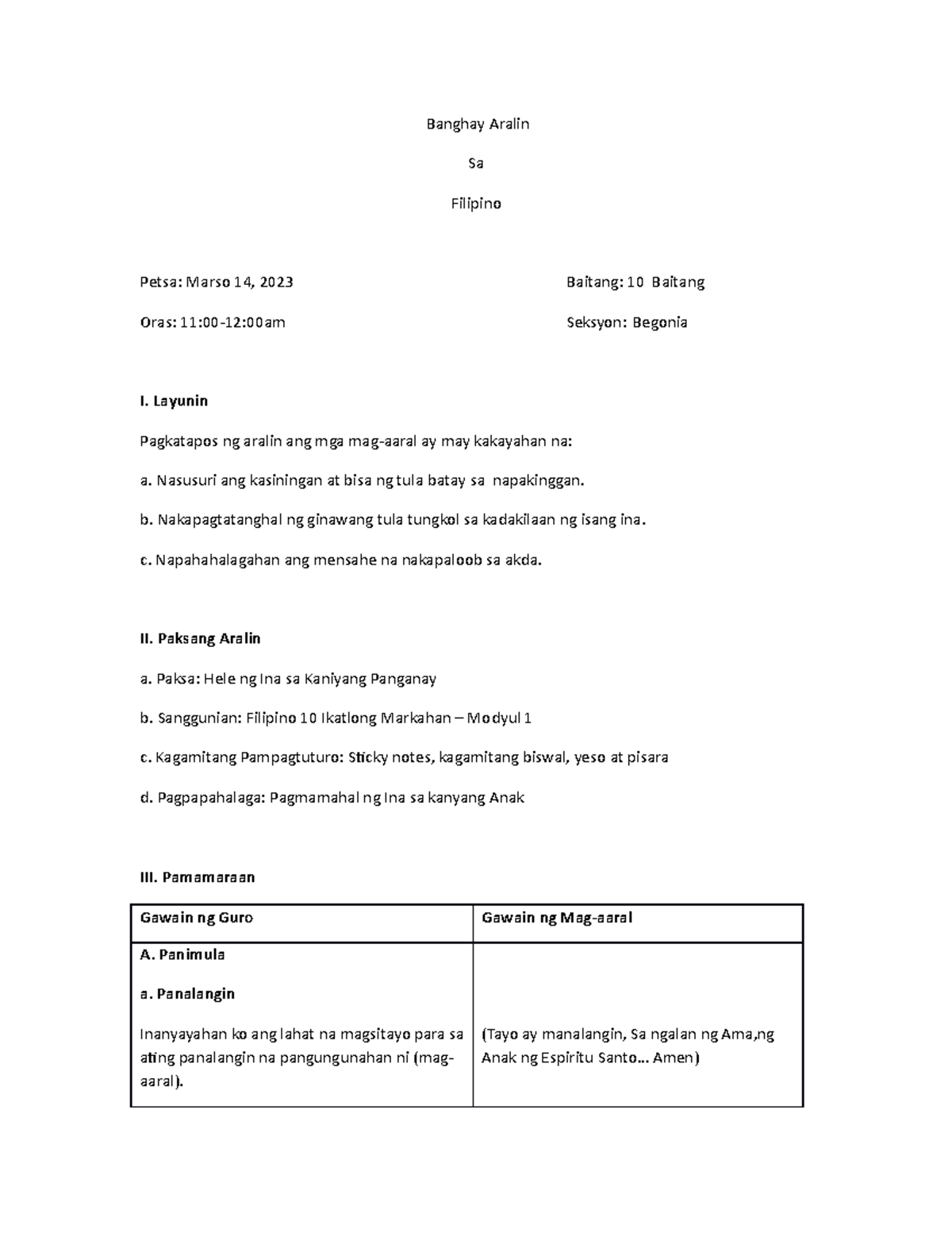 Lesson plan 1 - Banghay Aralin Sa Filipino Petsa: Marso 14, 2023 ...