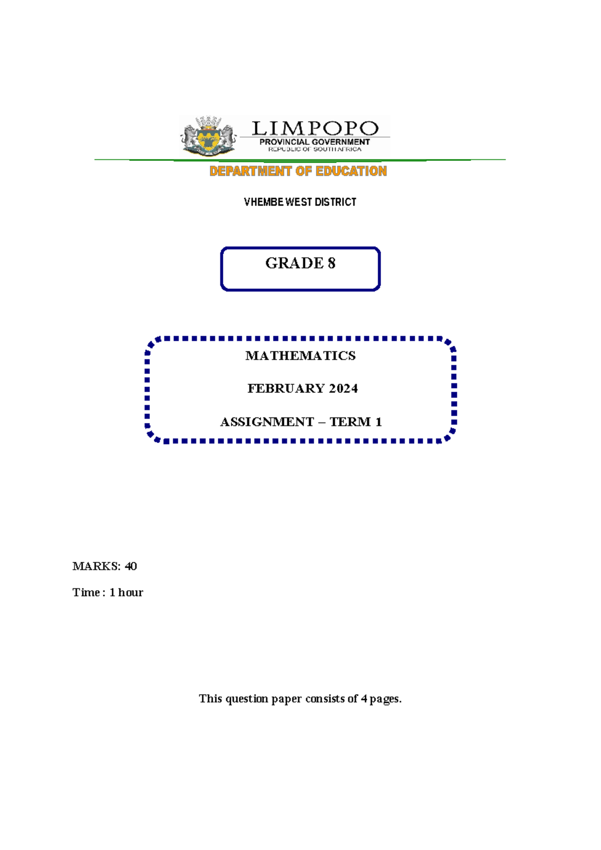 Gr8 Maths Term 1 Assignment - Final Exam Overview 2024 - Studocu