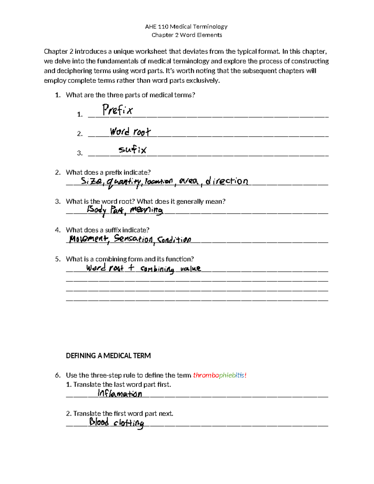 AHE 110 Medical Terminology Chapter 2 Worksheet: Word Elements Guide ...