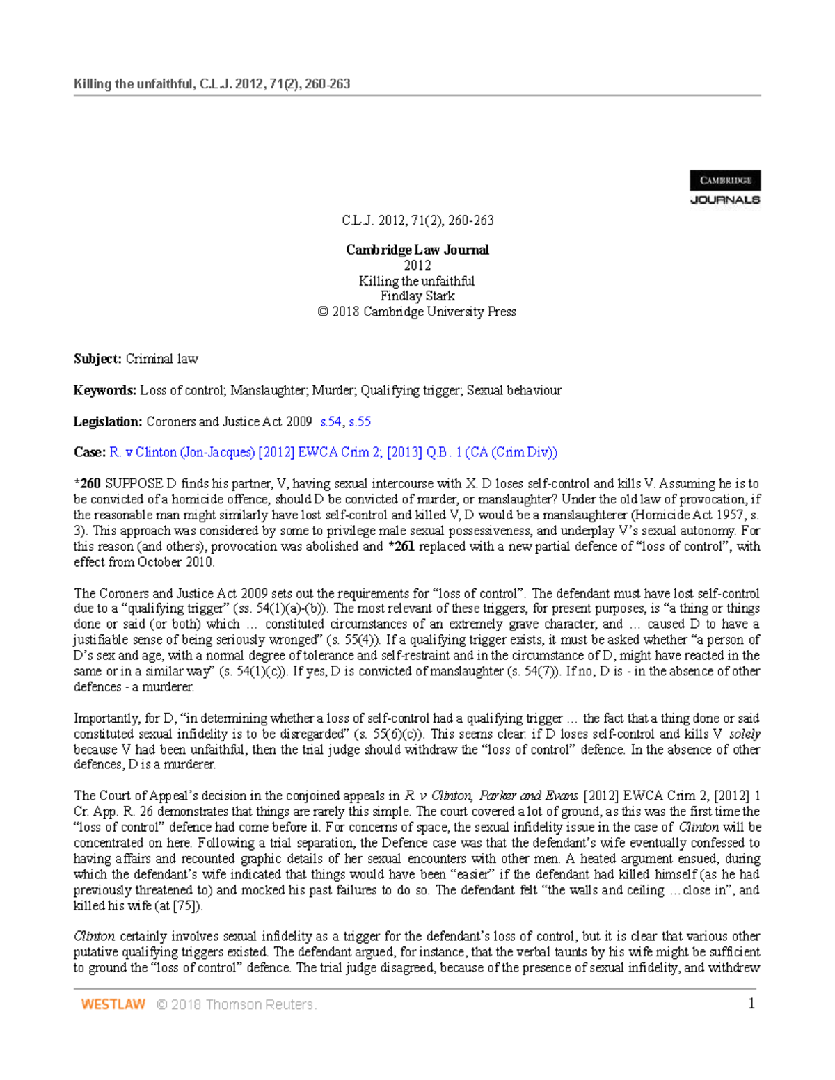 Killing the Unfaithful: Analyzing the R. v Clinton Case (C.L.J. 2012 ...