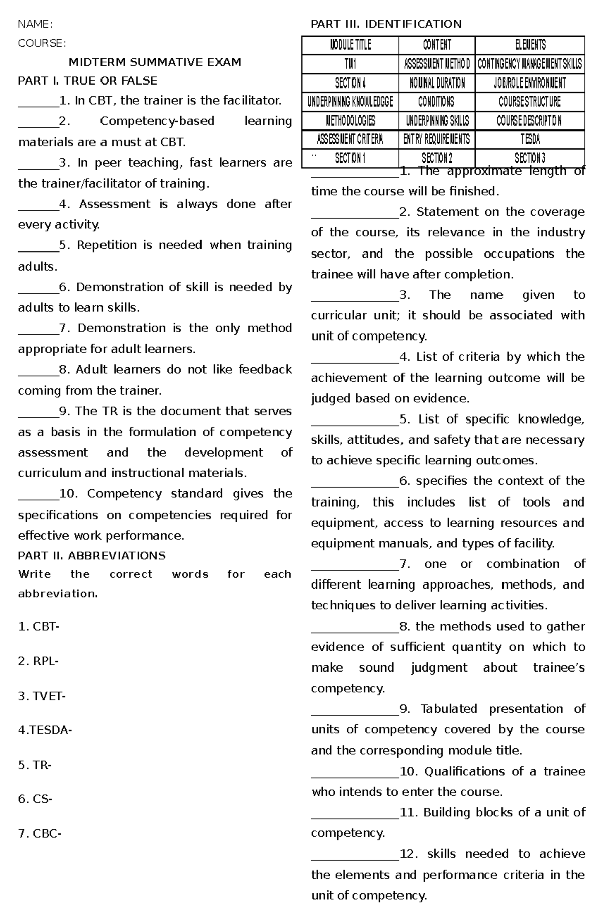 TM- Summative-EXAM - SUMMATIVE TEST MIDTERM - MODULE TITLE CONTENT ...