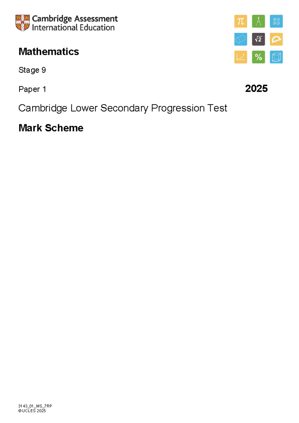 Mathematics 0862 Stage 9 Past Progression Test Mark Scheme 2025 - Studocu