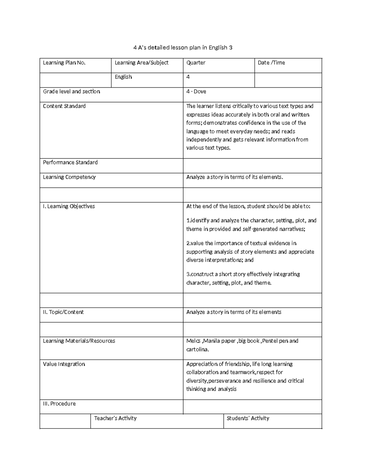 Detailed Lesson Plan for English 4: Analyzing Story Elements - Studocu