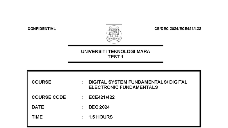 UiTM Digital System Test 1 - Dec 2024 (Course Code: Digital Electronic ...