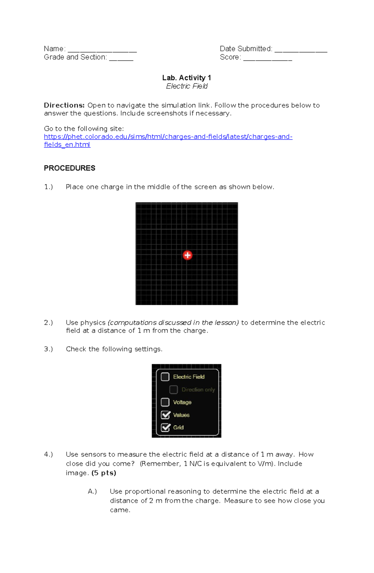 PHET LAB Activity Electric Field - Name: _________________ Date ...