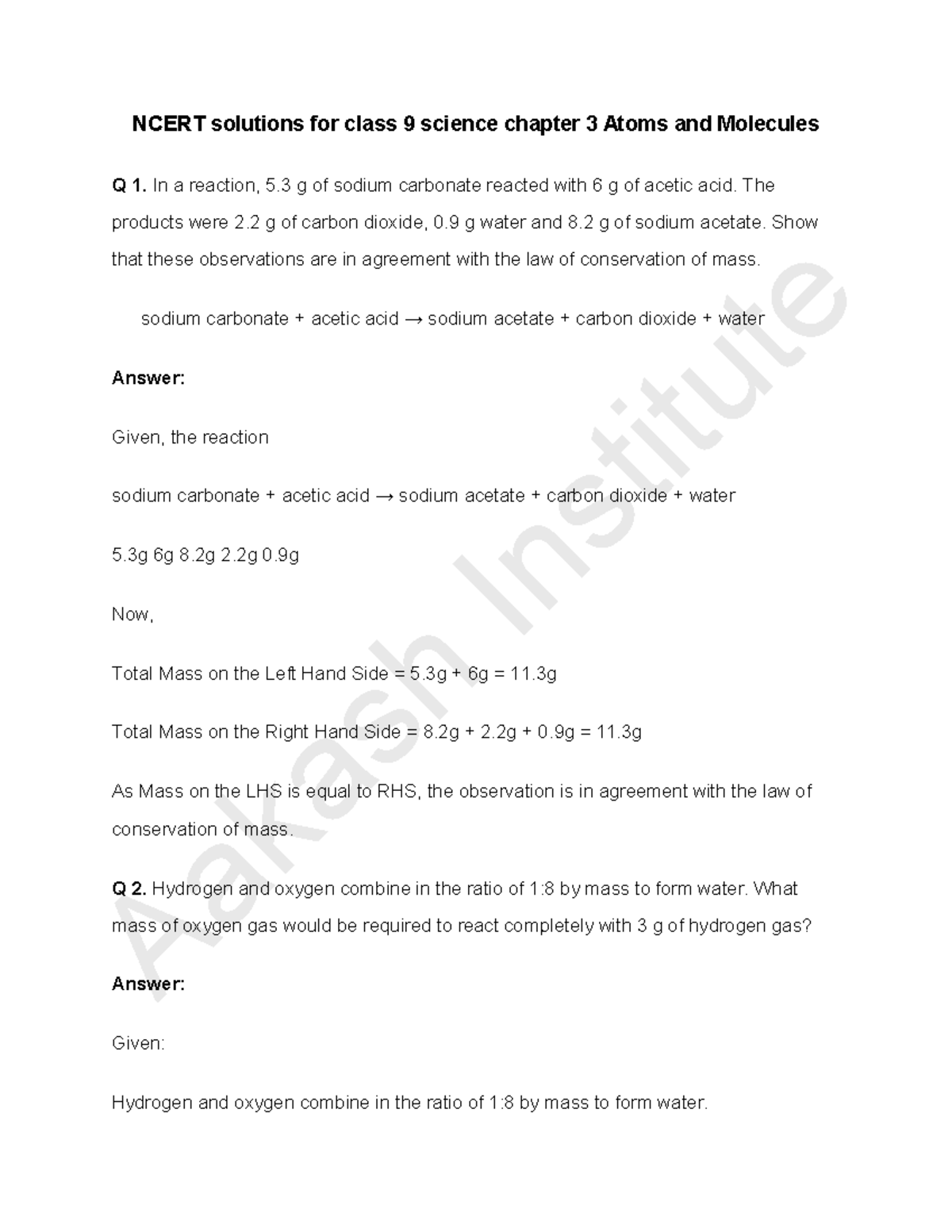 NCERT Solutions for Class 9 Science: Chapter 3 - Atoms and Molecules ...