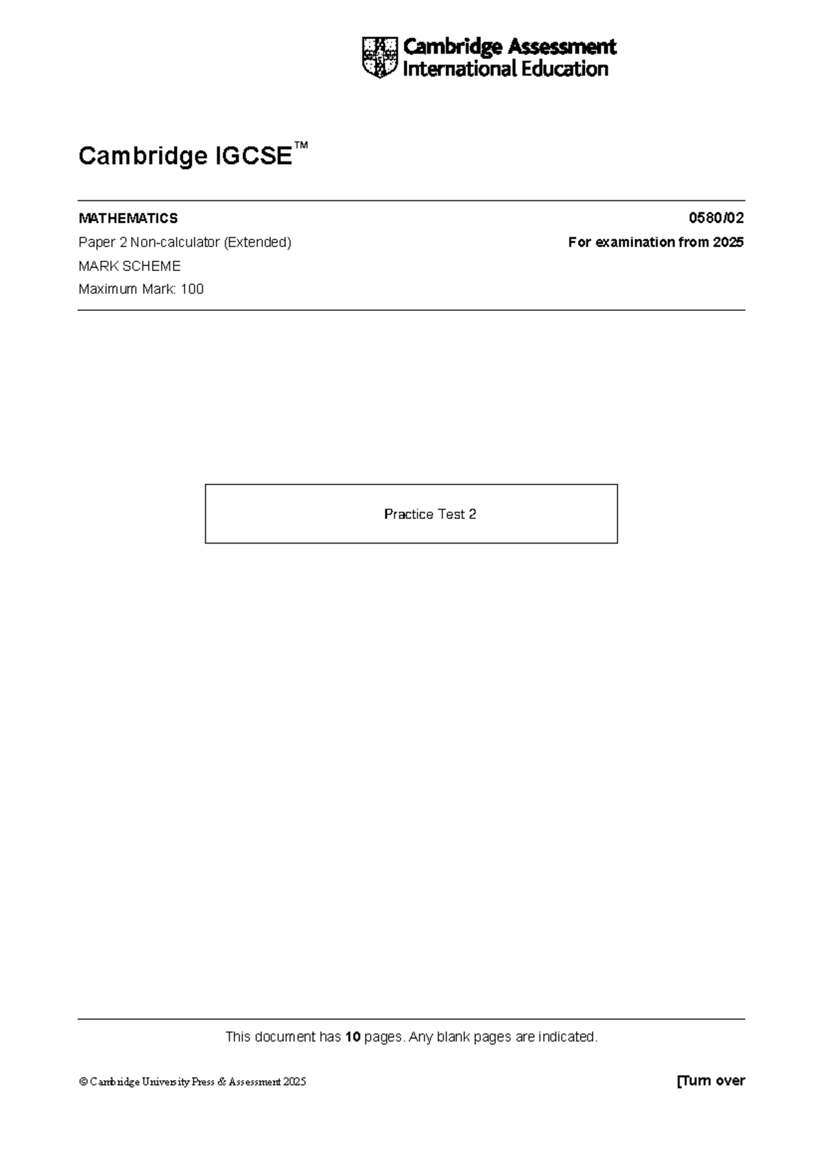 Cambridge IGCSE Math 0580/Paper 2 Non-Calculator Practice Test 2 2025 ...