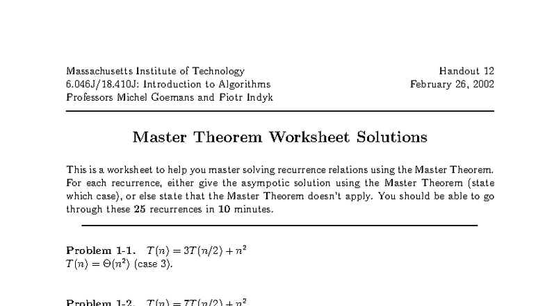 6.046J/18.410J: Master Theorem Worksheet Solutions - Studocu