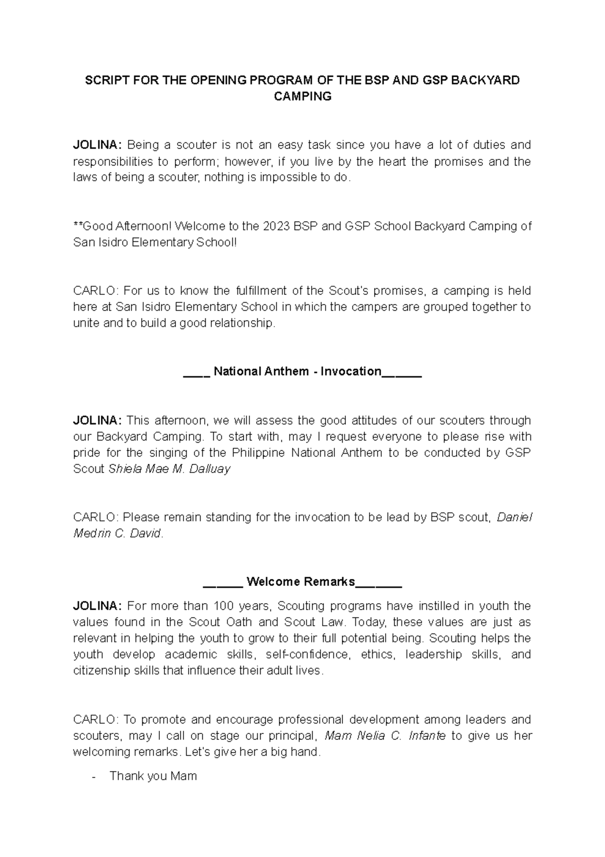 BSP & GSP Backyard Camping Opening Program Script 2023 - Studocu