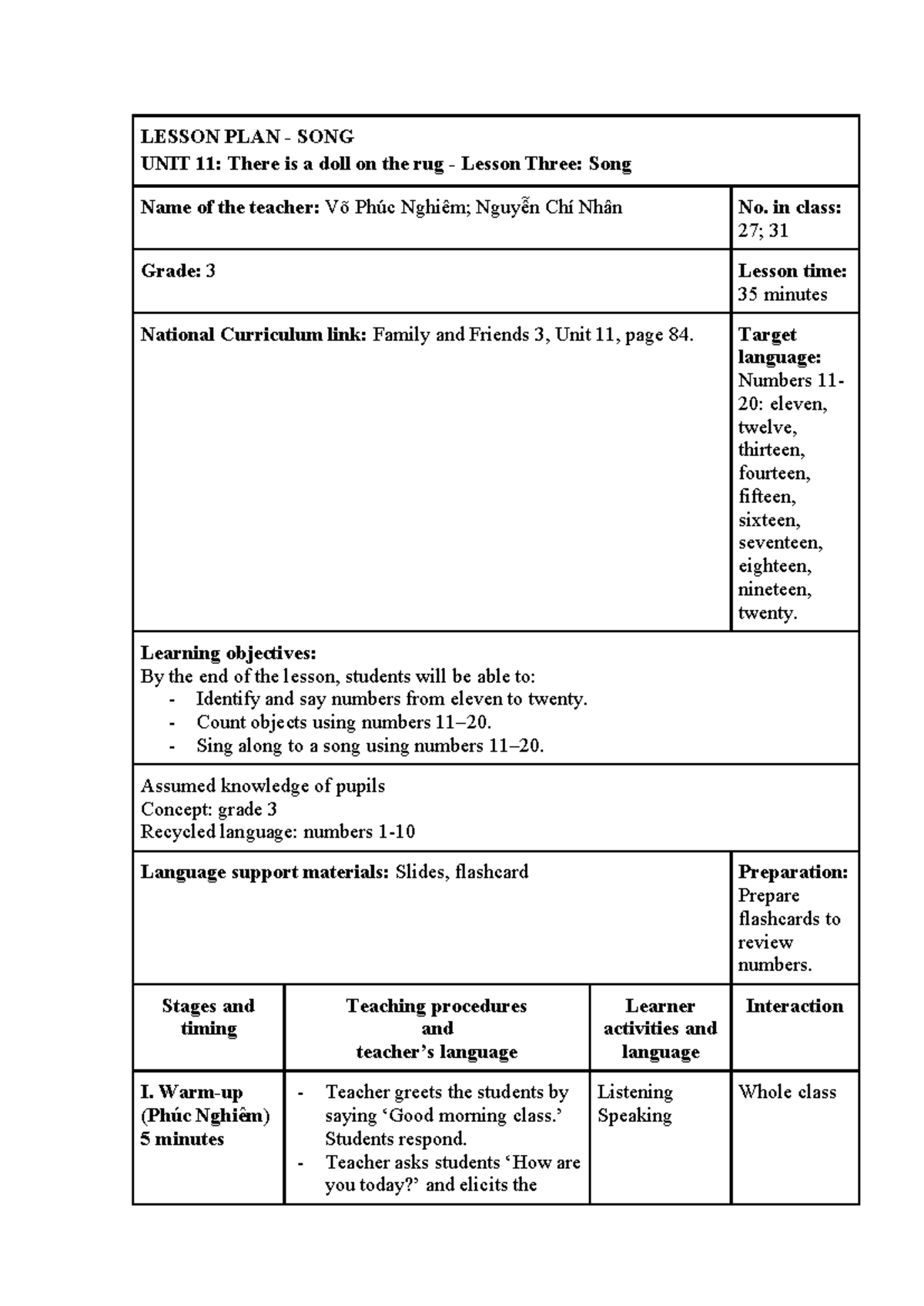 Lesson Plan U11: Song Unit 11 - Numbers 11-20 for Grade 3 - Studocu