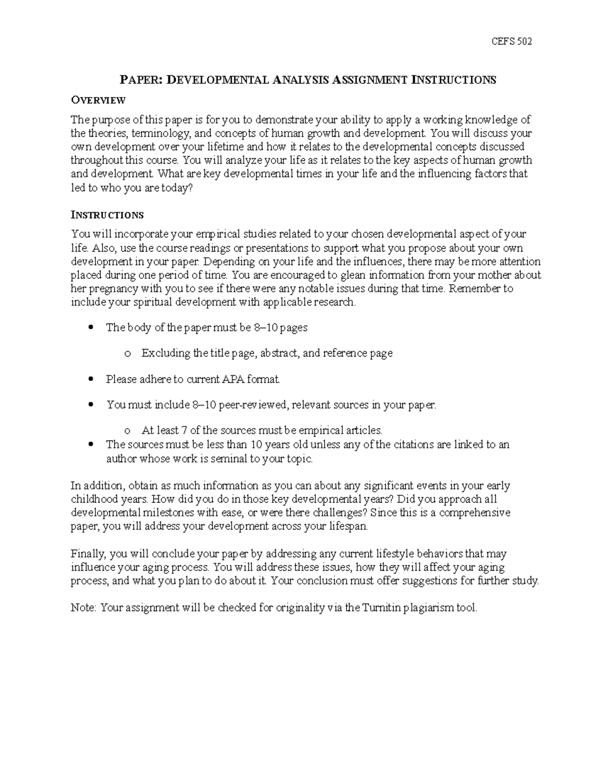 CEFS 502 Week 7 Developmental Analysis Paper Guidelines - Studocu