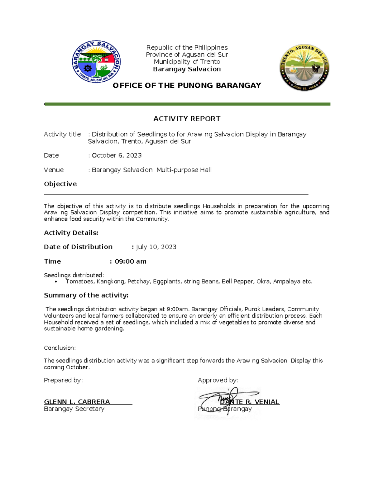 Activity Report: Seedling Distribution for Araw ng Salvacion 2023 - Studocu