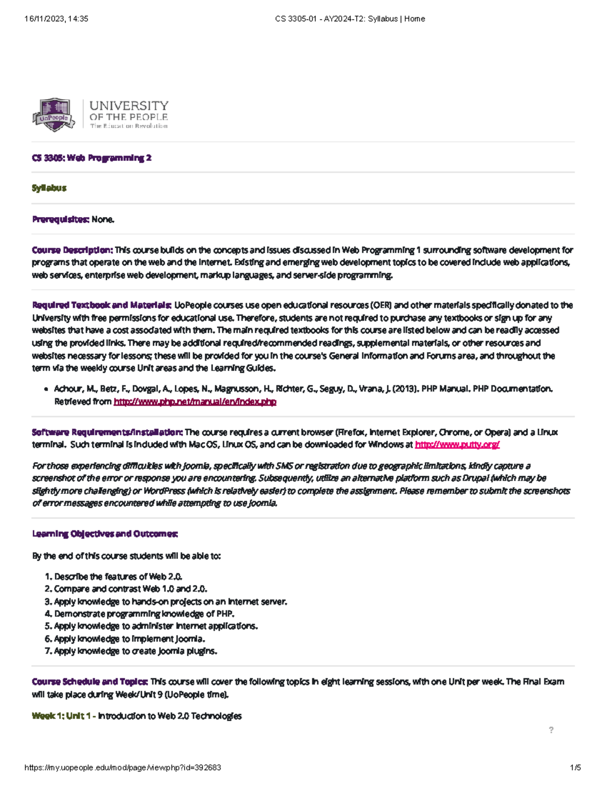 CS 3305-01 - AY2024-T2 Web Programming 2 Syllabus Overview - Studocu