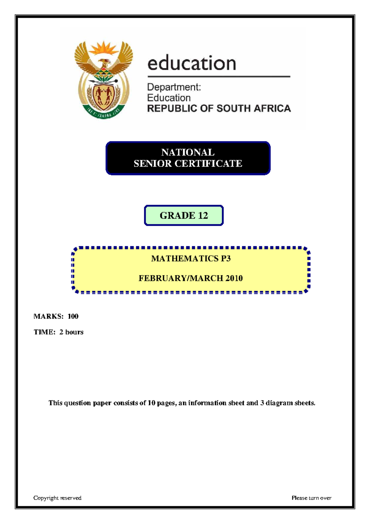 Mathematics P3 NSC Exam Paper - February/March 2010 - Studocu