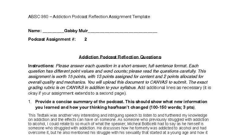 ABSC 360 Podcast Reflection Assignment: Addiction Insights - Studocu
