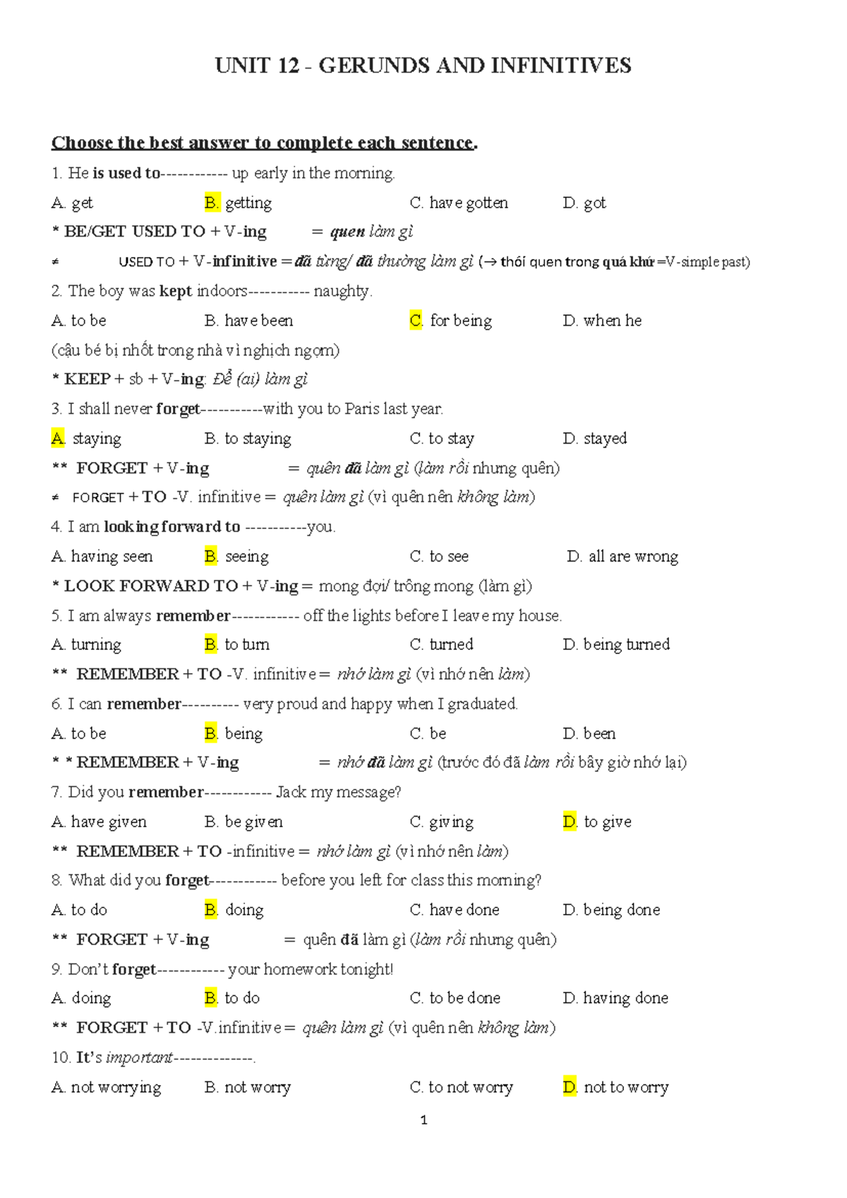 UNIT 12 - GERUNDS & INFINITIVES: Exercises and Formulas - Studocu