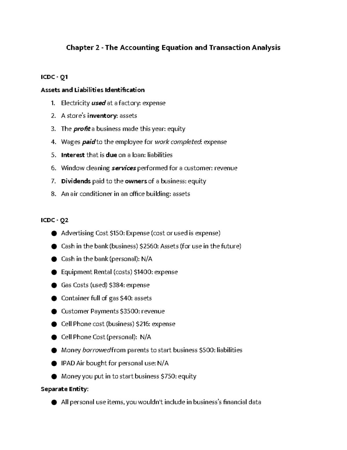 Chapter 2 - The Accounting Equation & Transaction Analysis ICDC - Studocu