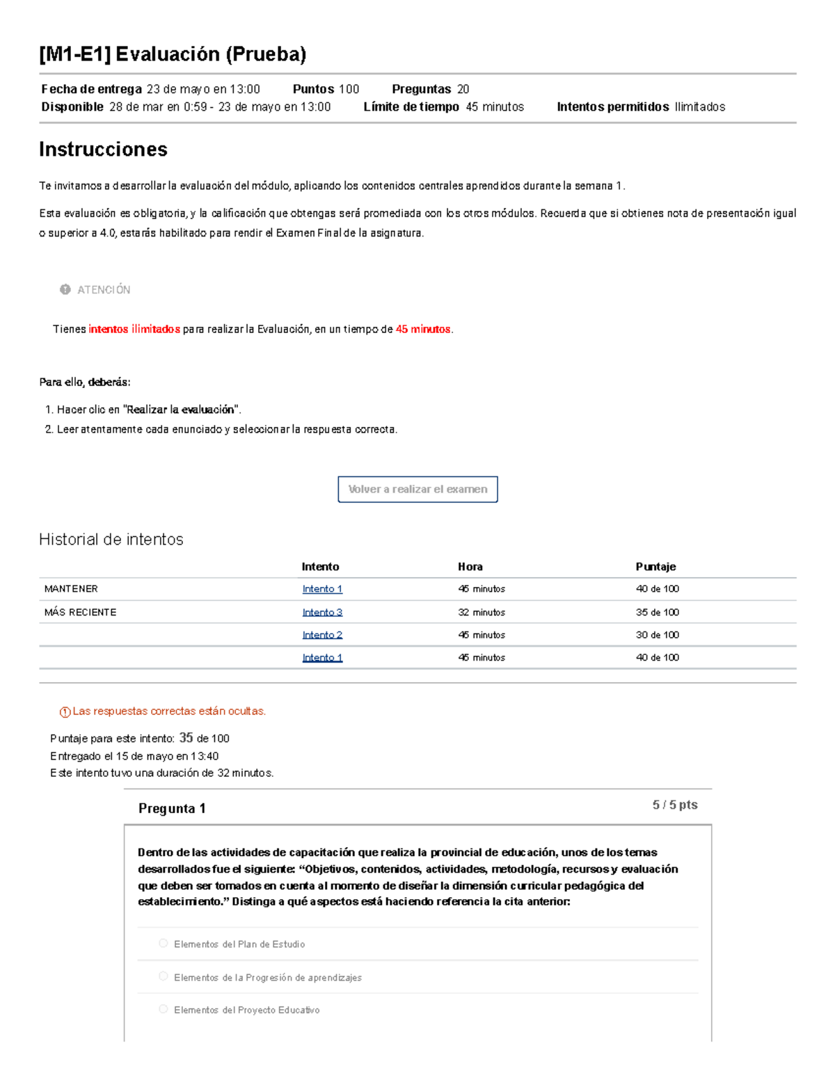[M1-E1] Prueba Elementos del Currículum y Evaluación (100 Puntos) - Studocu