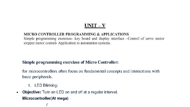 UNIT V Microcontroller Programming Exercises: LED Control and ...