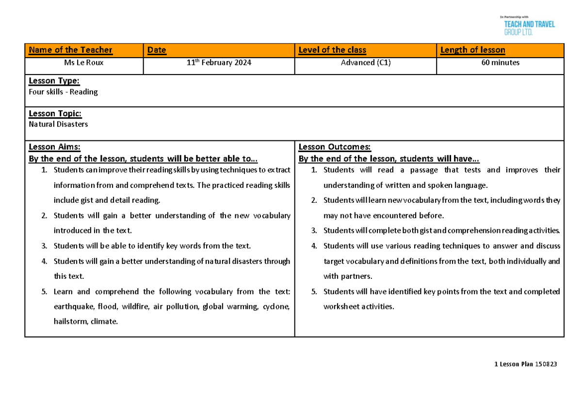 C1 Advanced Reading Lesson Plan: Natural Disasters (11th Grade) - Studocu