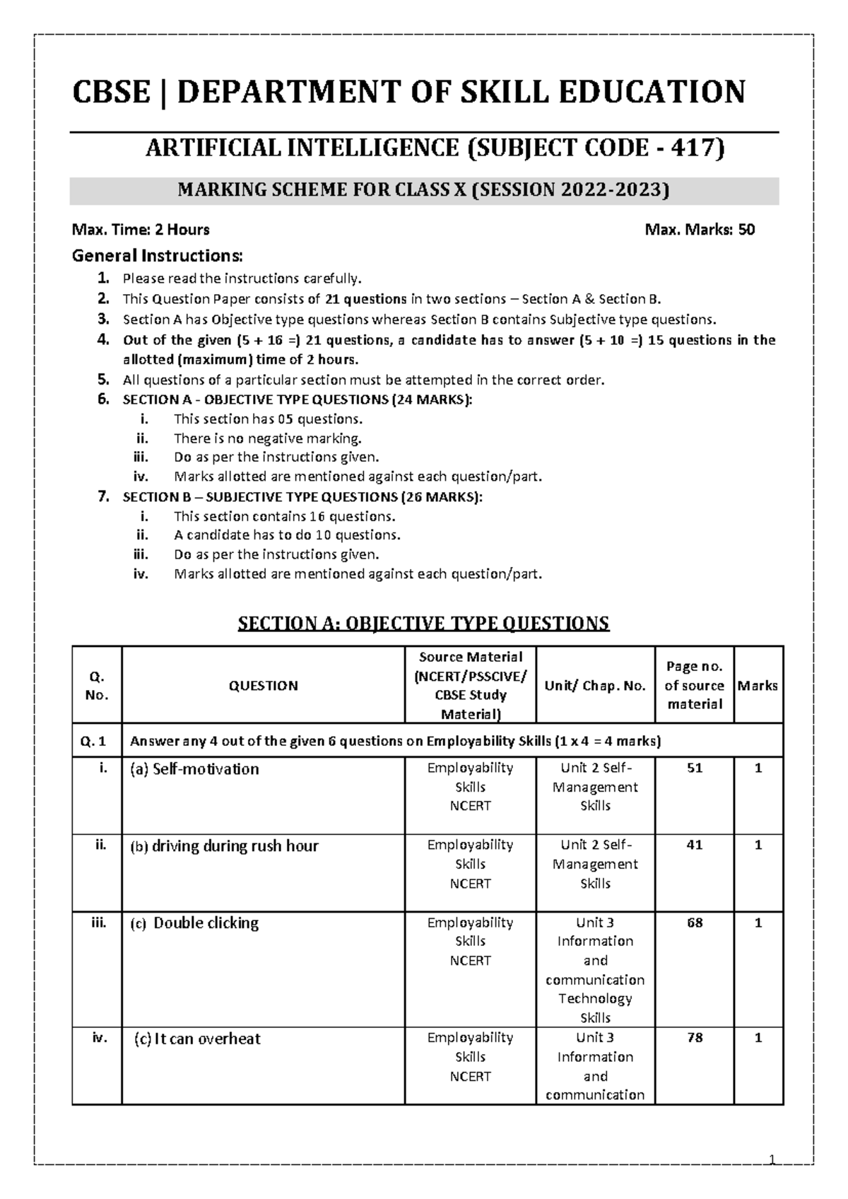 Class 10 AI Subject Code 417 Marking Scheme 2022-2023 - Studocu