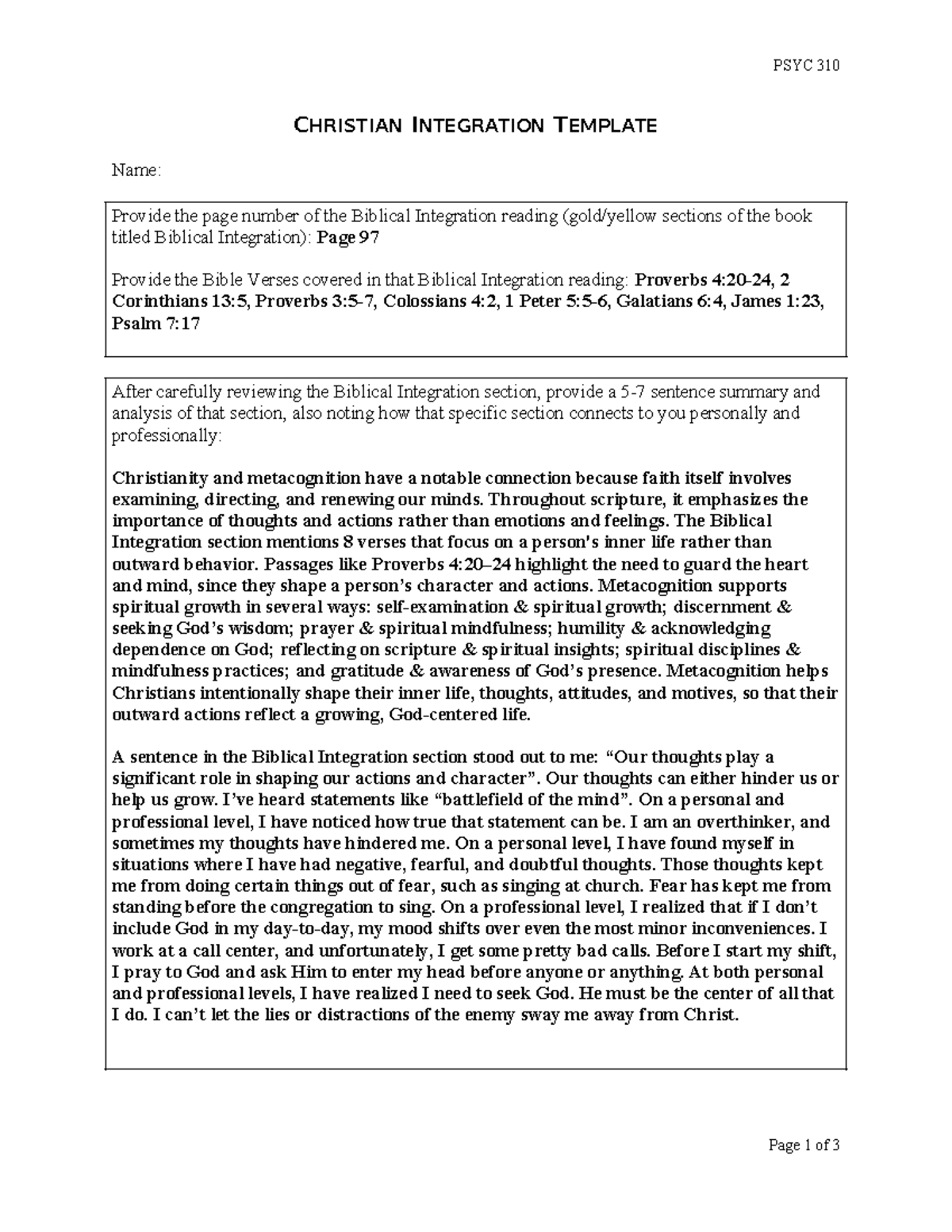 PSYC 310 Biblical Integration: Metacognition and Faith Connections ...