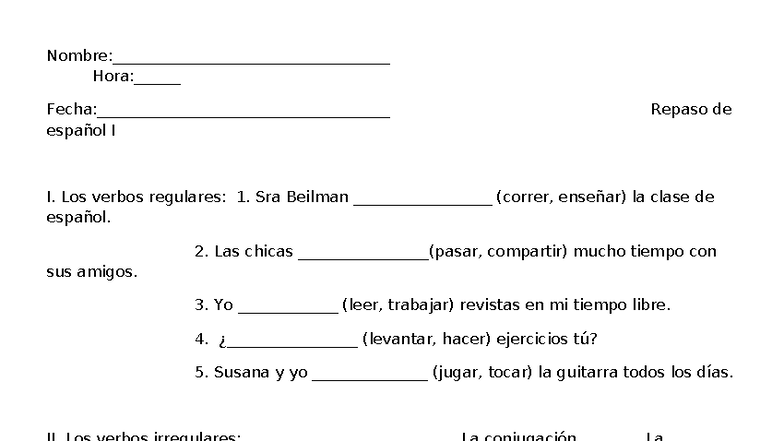 Español I: Repaso de Verbos Regulares e Irregulares - Studocu
