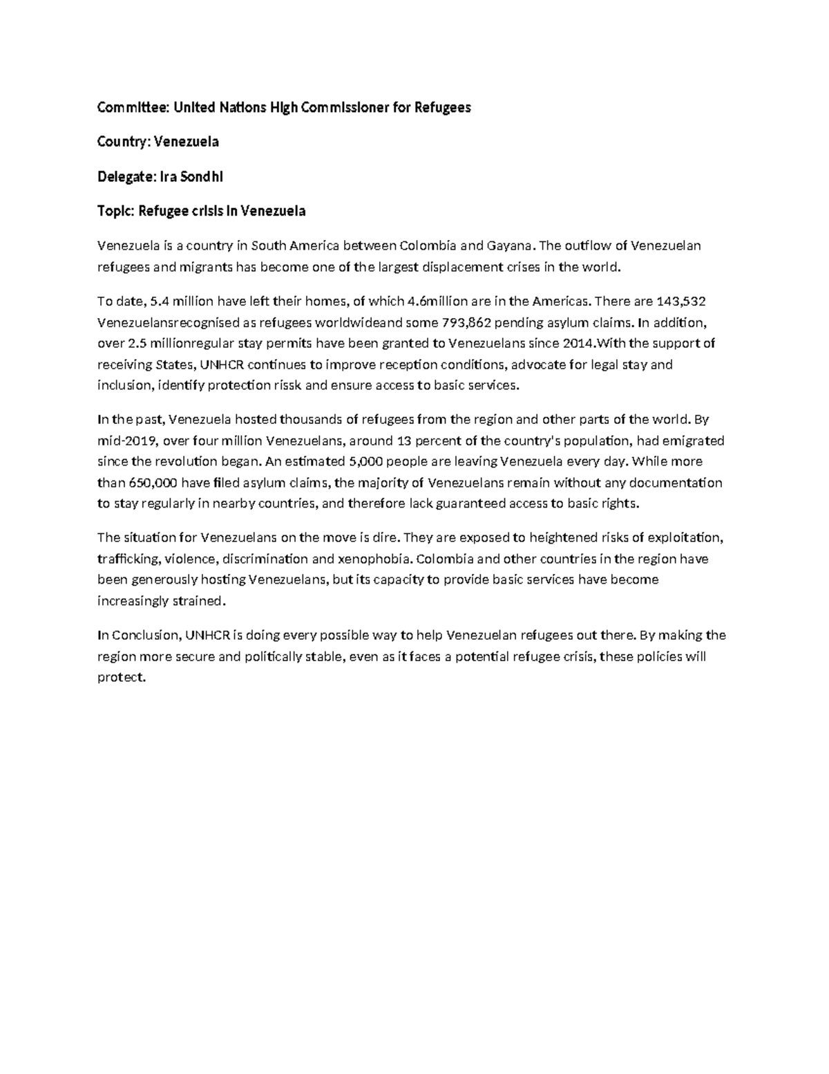Position Paper: UNHCR on Venezuela's Refugee Crisis - Studocu