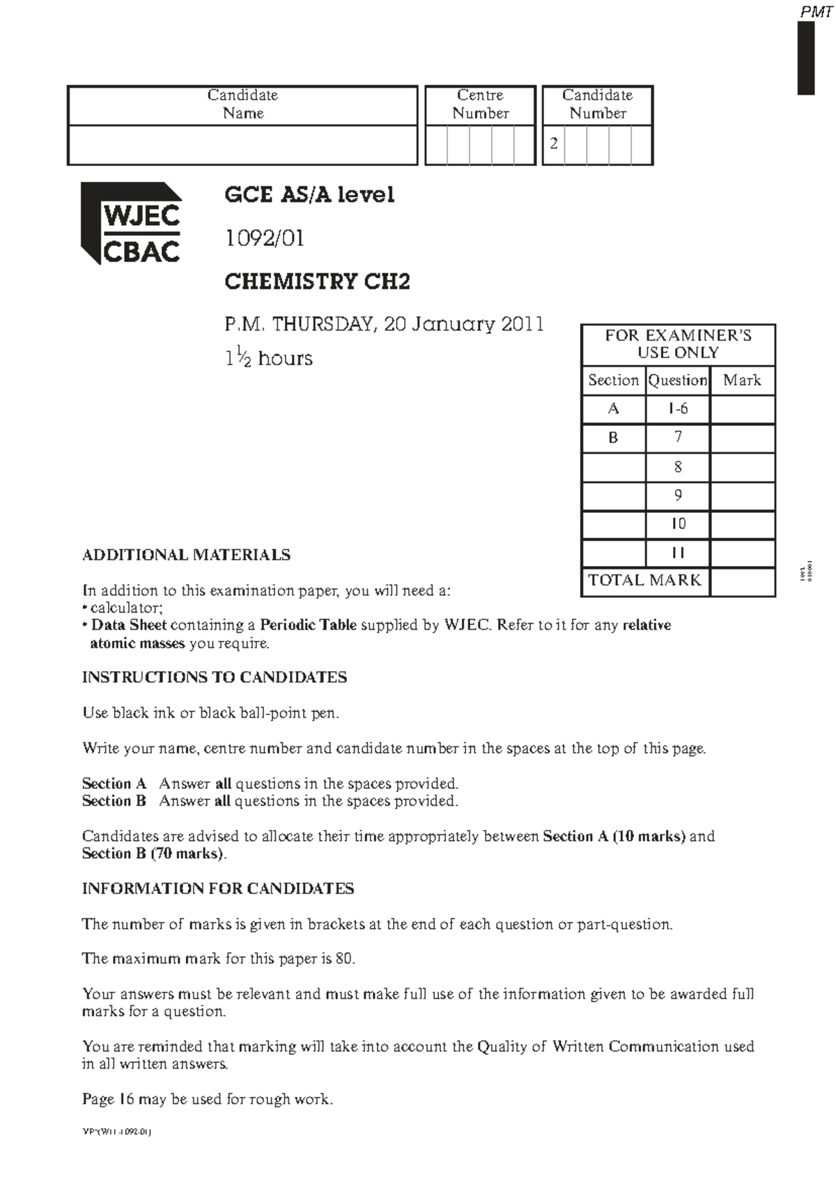 GCE Chemistry (332-01) Practice Exam Paper - January 2011 - Studocu