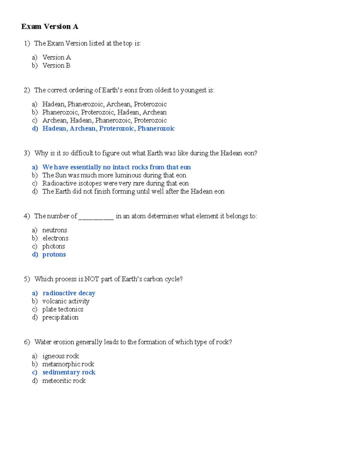 Earth Science Exam Version A - Key and Study Guide - Exam Version A The ...