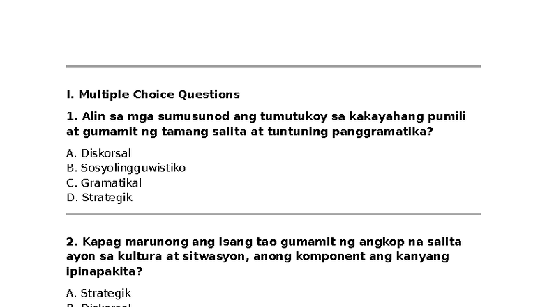 Filipino QUIZ: Sangkap ng Komunikatibo at Mga Tanong - Studocu