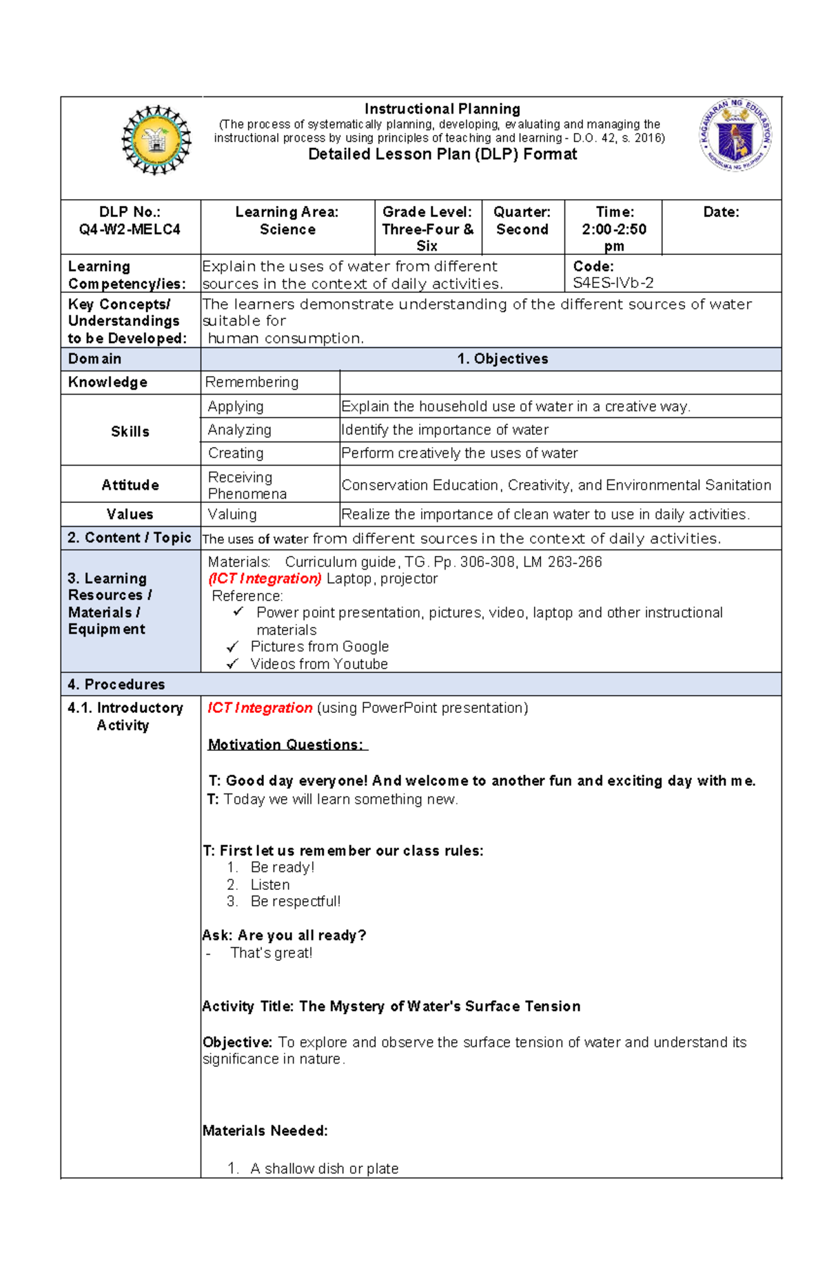 DLP Q4-W2 Science Final Lesson Plan: Exploring Water Uses and ...