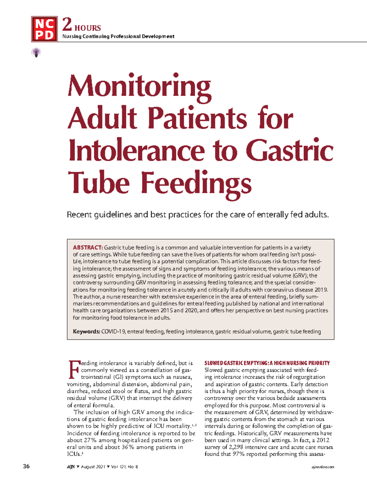 NCPD 2 HOURS: Monitoring Adult Patients for Intolerance to Gastric Tube ...