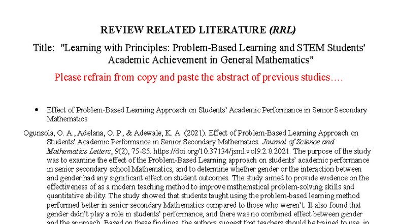 RRL: Principles of Learning & STEM Achievement in General Math - Studocu