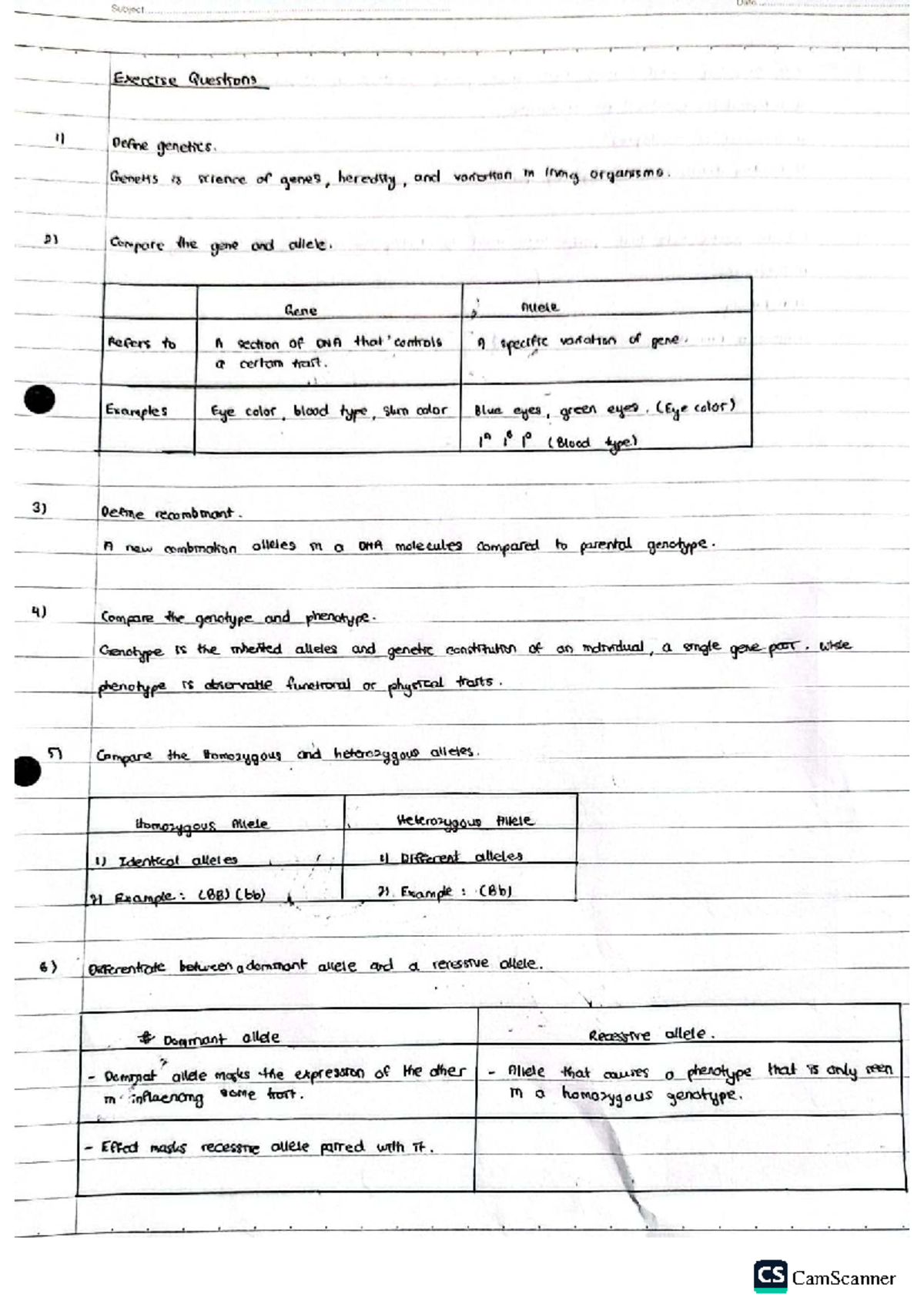 Exercise Questions W12: Genetics Concepts and Comparisons - Studocu