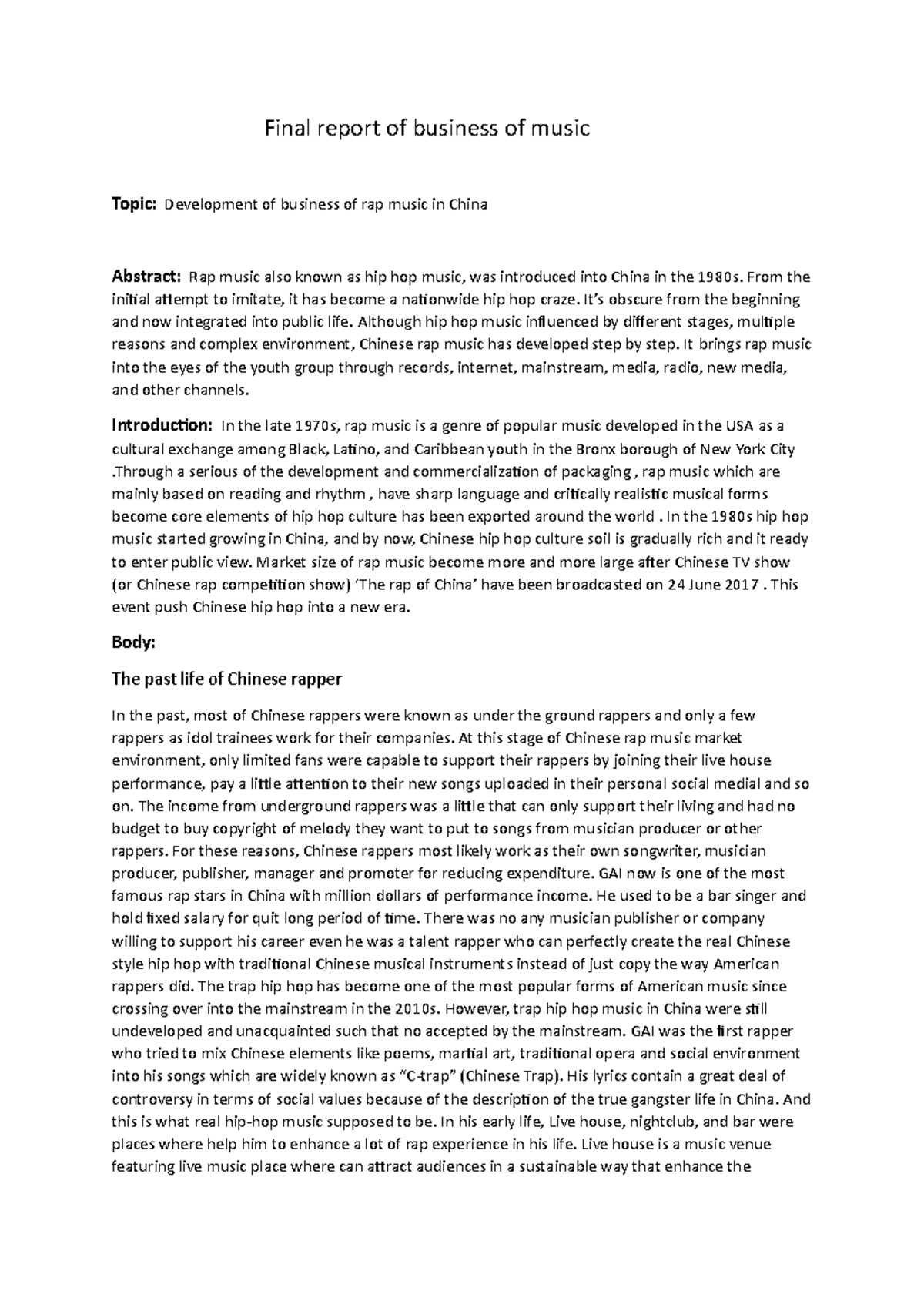 Final Report: The Business Development of Rap Music in China - Studocu
